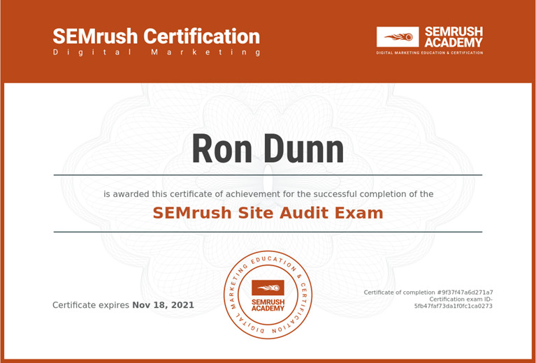 SEMrush Site Audit Certification - Ron The Web Guy